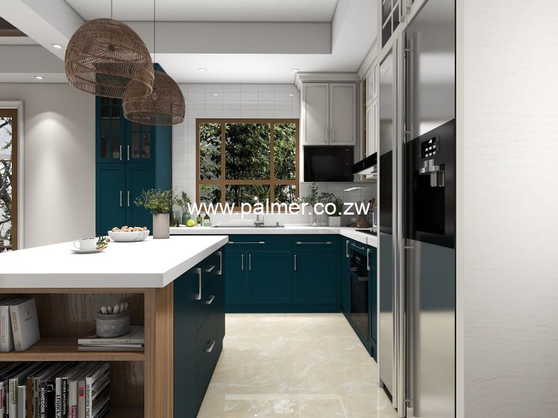 Kitchen interior design green & white - Palmer Construction Zimbabwe